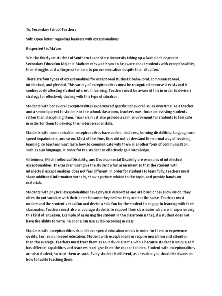 Open Letter | PDF | Teachers | Learning