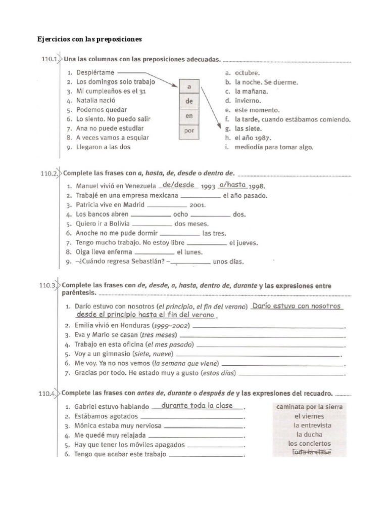 Preposiciones Ejercicios | PDF