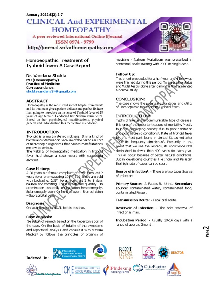 Homoeopathic Treatment of Typhoid Fever: A Case Report: January 2022 8 ...