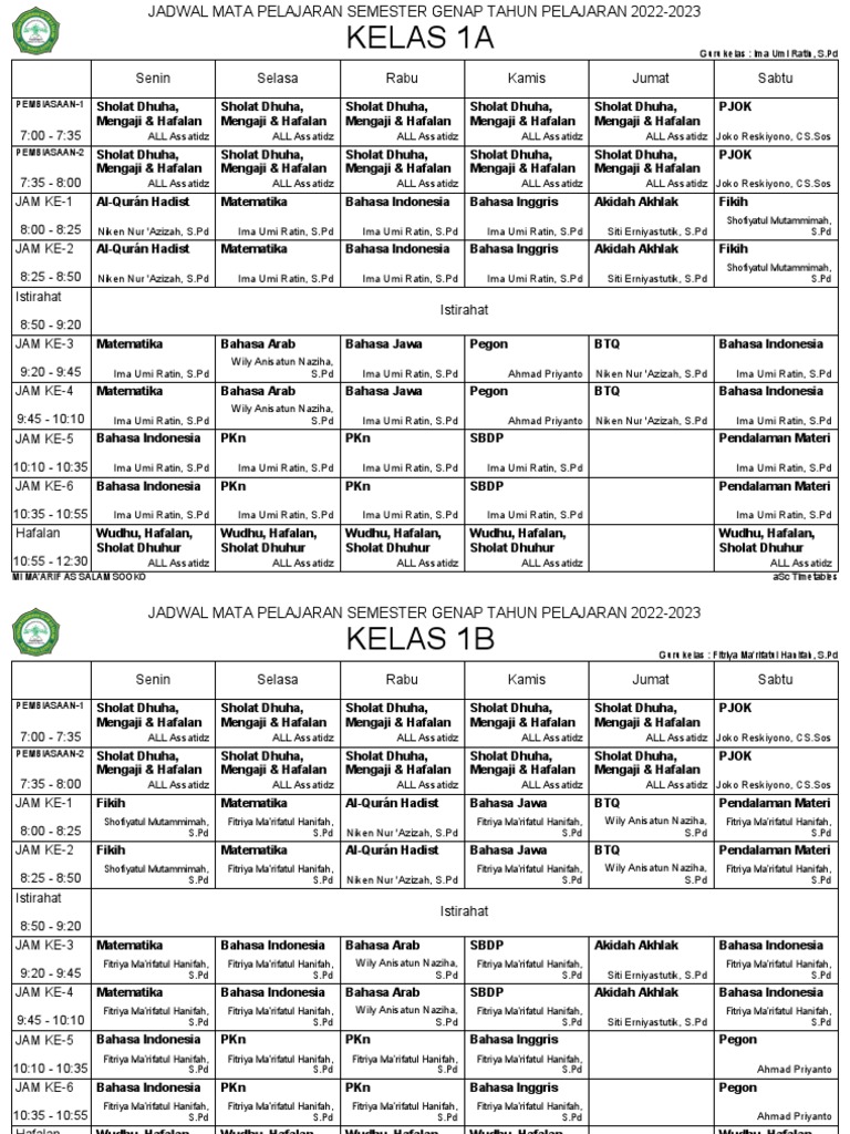 Jadwal Kelas Semester Genap - Ramadhan - 2023 | PDF