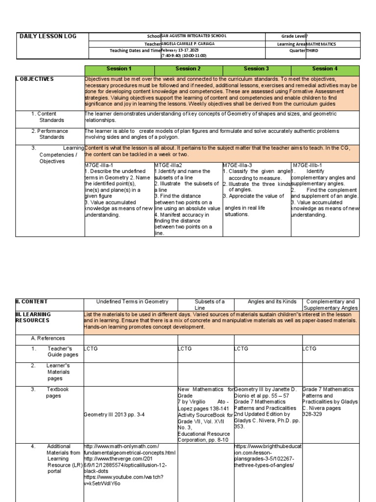 Week 1 DLL Math 7 q3 NEW | PDF | Angle | Learning