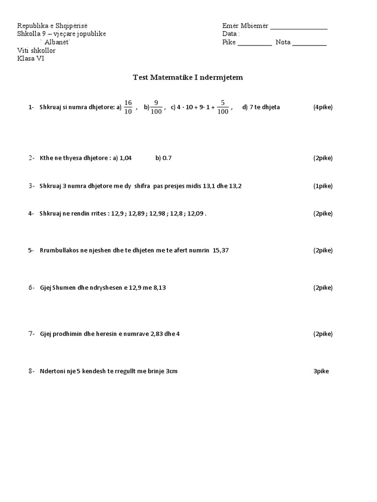 Test I Ndermjetem Matematike 6 | PDF