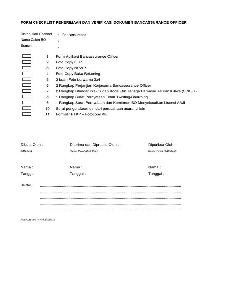 Form Checklist Penerimaan Dan Verifikasi Dokumen Aplikasi Bancassuran ...