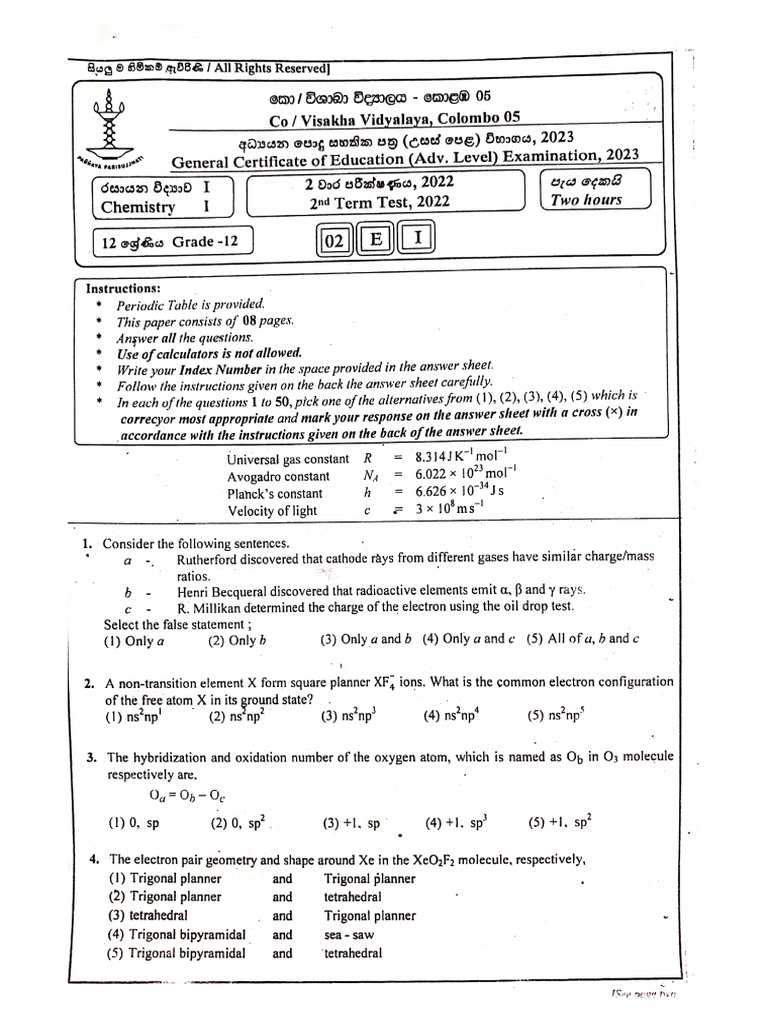 Chemistry - Visakha 2022 October Grade 12 2nd Term Test | PDF