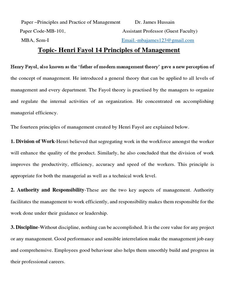 Henry Fayol 14 Principles of Management | PDF