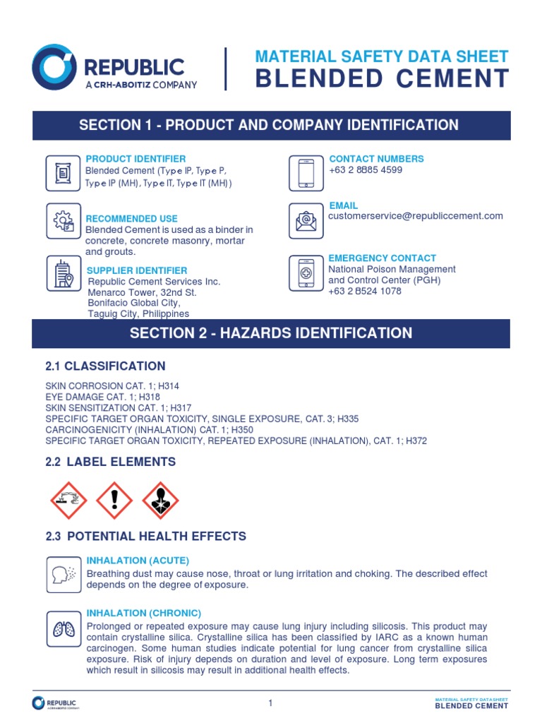 Material Safety Data Sheet Blended Cement Final | PDF | Personal Protective Equipment ...