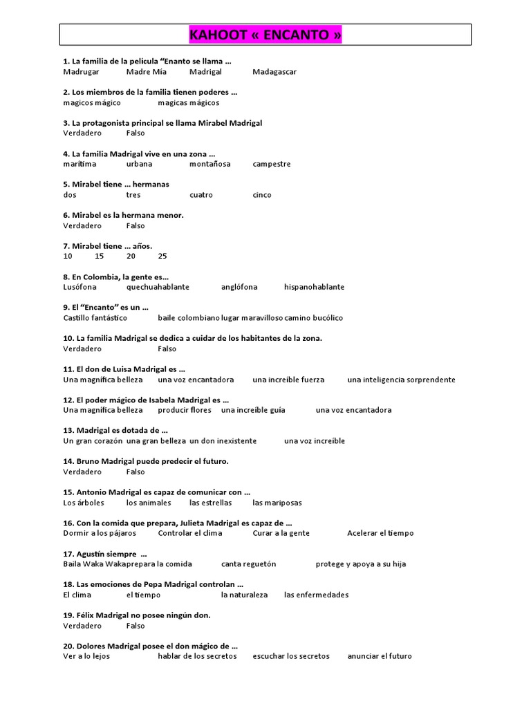 Kahoot Questions Encanto | PDF
