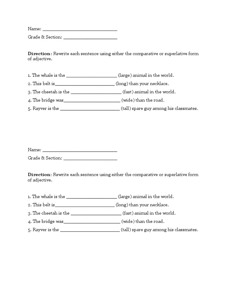 Degrees of Comparison Worksheet | PDF | Language Arts & Discipline