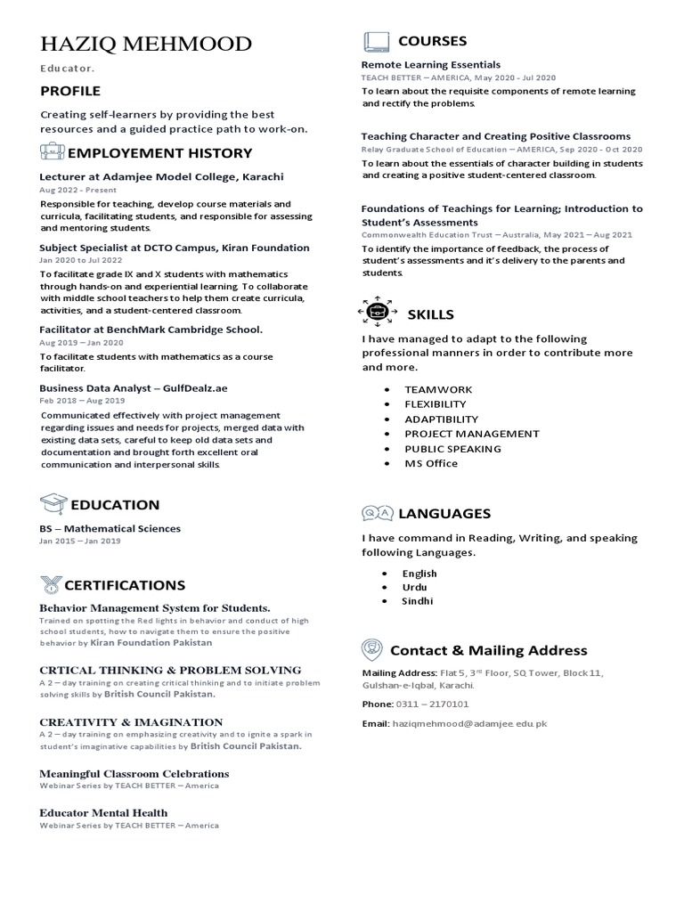 Mathematics Teacher Resume | PDF | Learning | Creativity