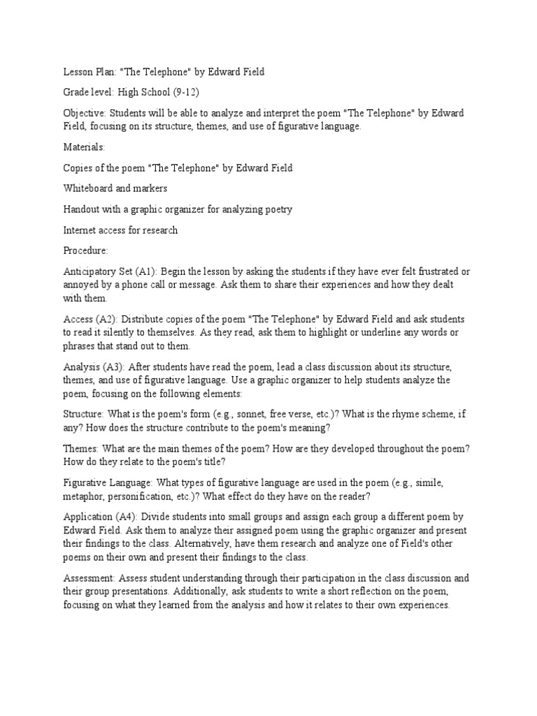 High School Lesson Plan: "The Telephone" | PDF | Language Arts ...