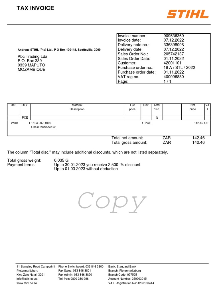 Tax Invoice: Andreas STIHL (Pty) LTD., P O Box 100148, Scottsville, 3209 | PDF | Invoice | Value ...