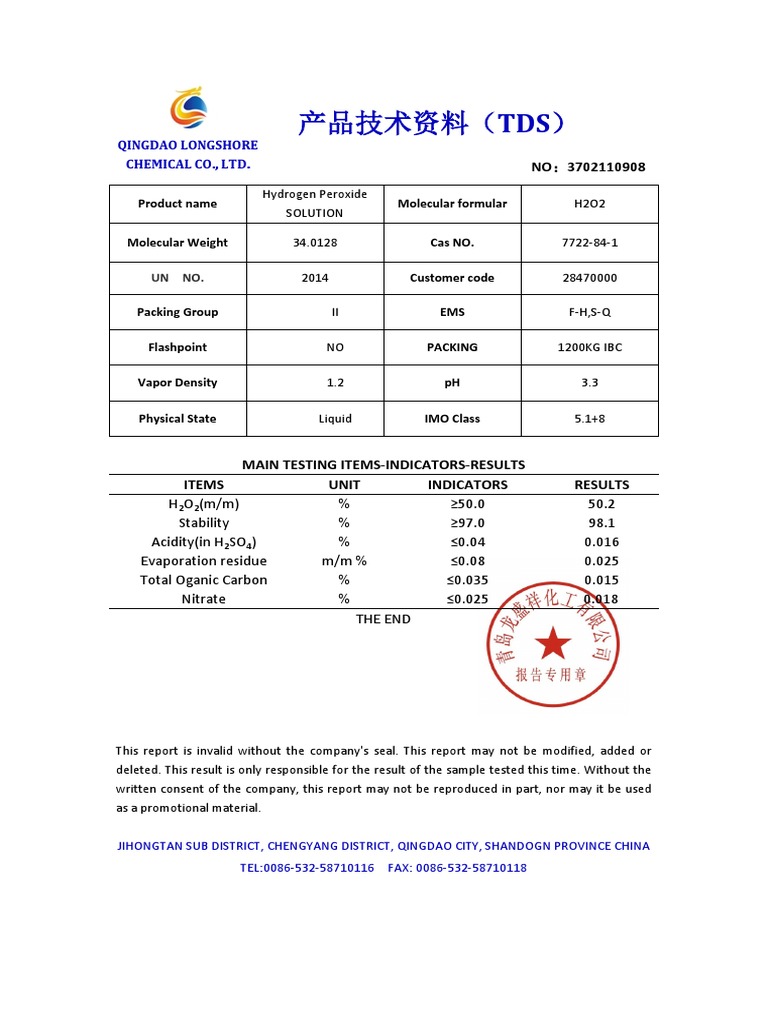 TDS Hydrogen Peroxide Industrial Grade 50% | PDF