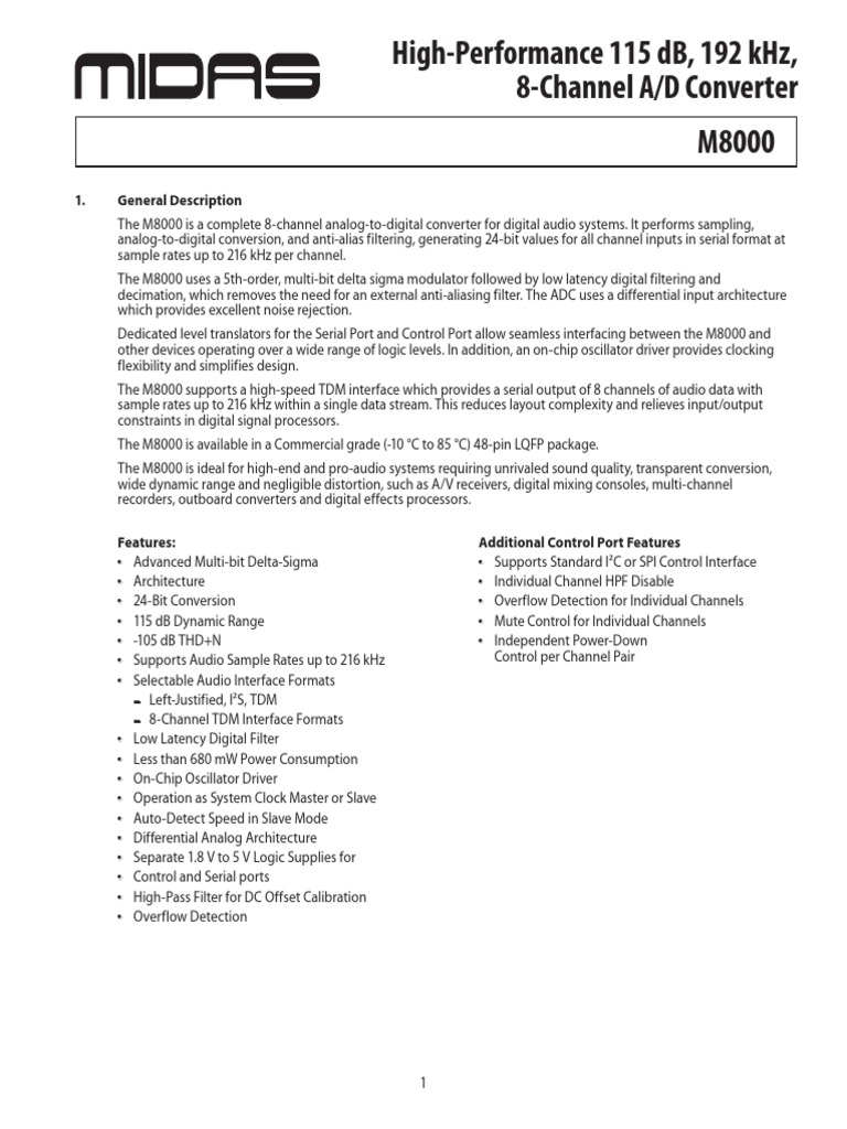 MIDAS Data Sheet M8000 | PDF | Analog To Digital Converter | Sampling (Signal Processing)