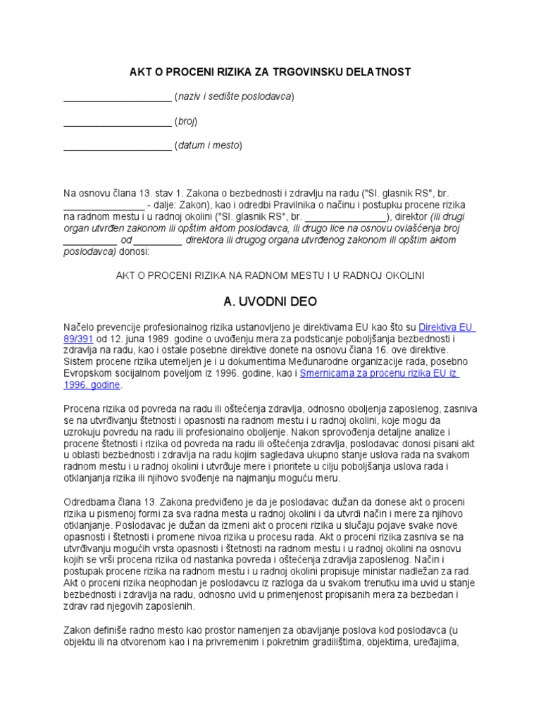 Akt o Proceni Rizika Za Trgovinsku Delatnost | PDF