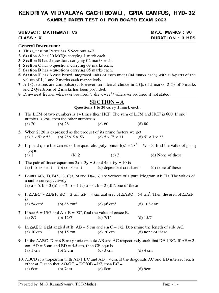 Kendriya Vidyalaya Gachibowli, Gpra Campus, Hyd-32: Sample Paper Test ...
