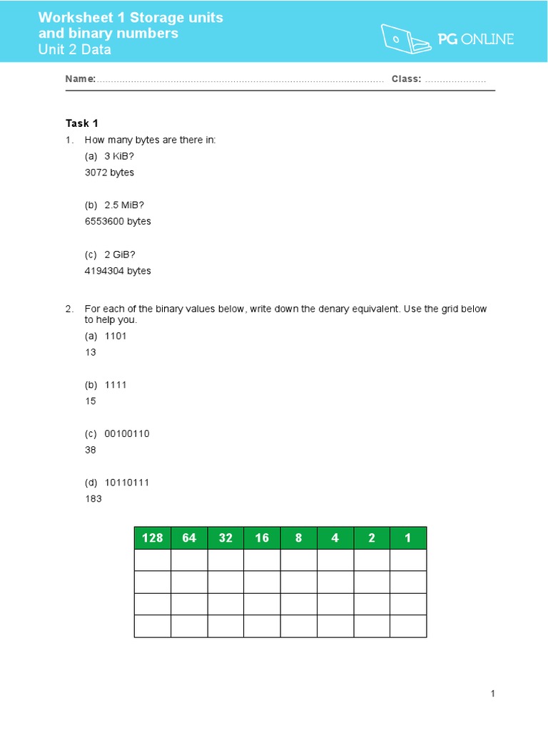 Binary Numbers and Storage Units Worksheet | PDF
