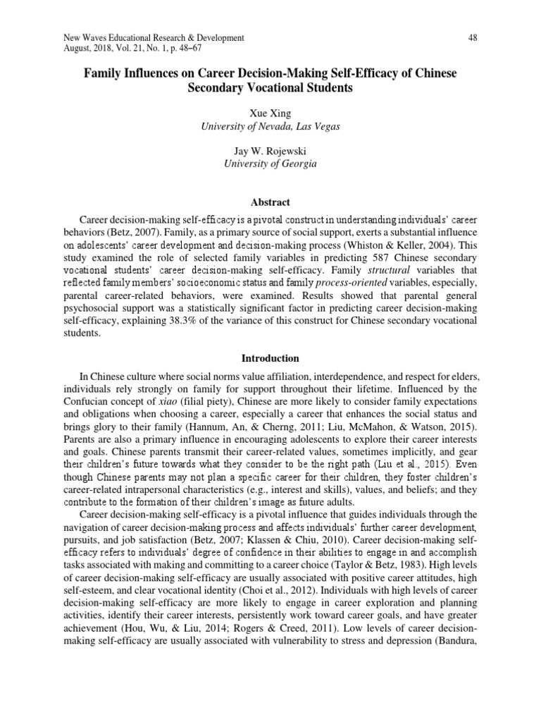 Family Influences On Career Decision-Making Self-Efficacy of Chinese ...