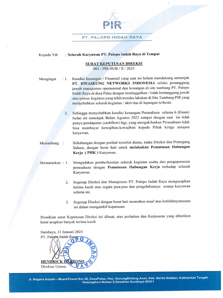 Surat Keputusan PHK - PT Palopo Indah Raya-1 | PDF
