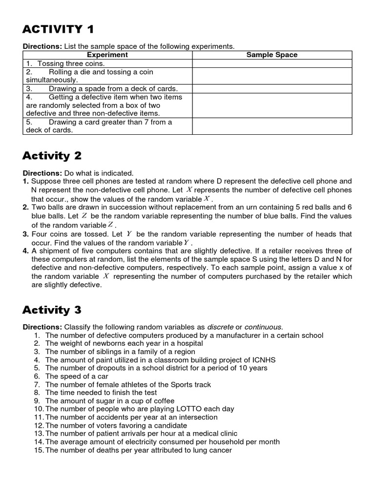 Activity Sheets | PDF | Random Variable | Sampling (Statistics)