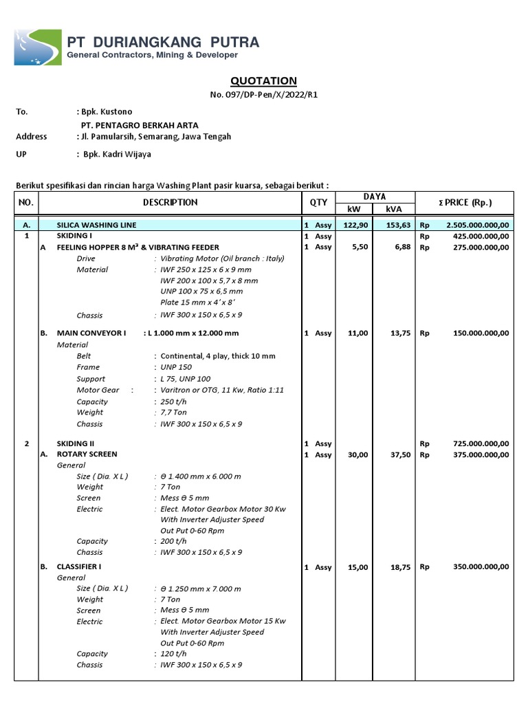 Washing Plant - Silica - Quotation | PDF | Engines | Belt (Mechanical)