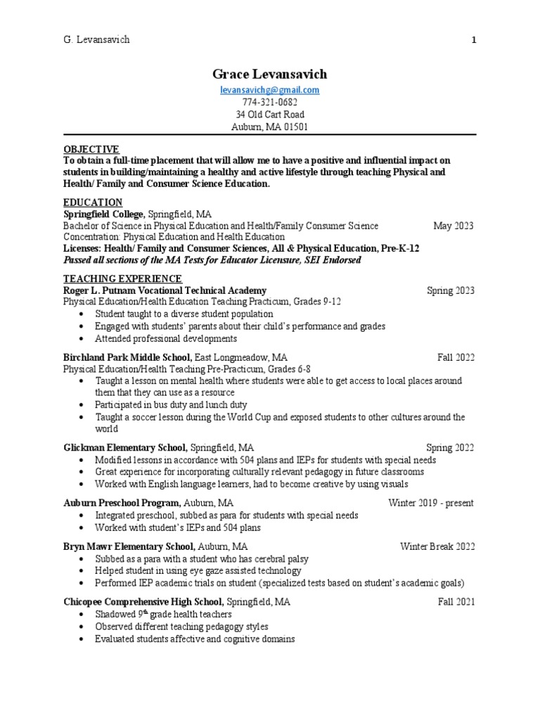 Grace Levansavich - Resume | PDF | Physical Education | Teachers