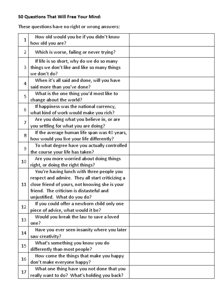 50 Questions That Will Free Your Mind | PDF