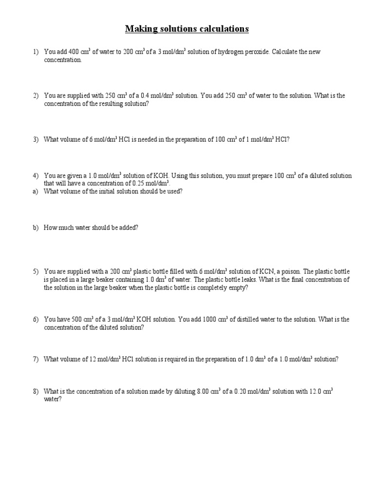 Chemistry Solution Calculations | PDF | Home & Garden | Science ...