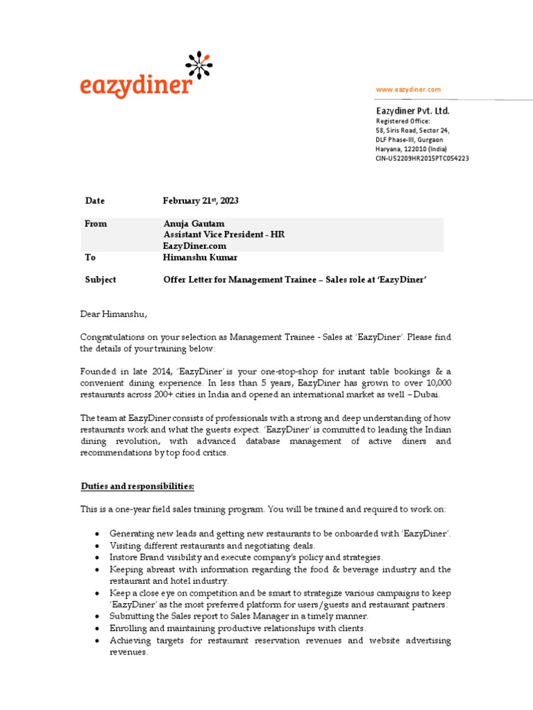 Himanshu Kumar - Offer Letter | PDF | Restaurants | Salary