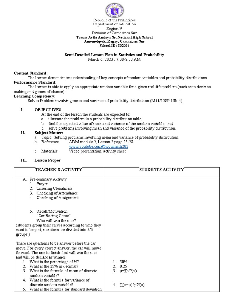 Lesson Plan in SP (CO) | PDF | Variance | Standard Deviation