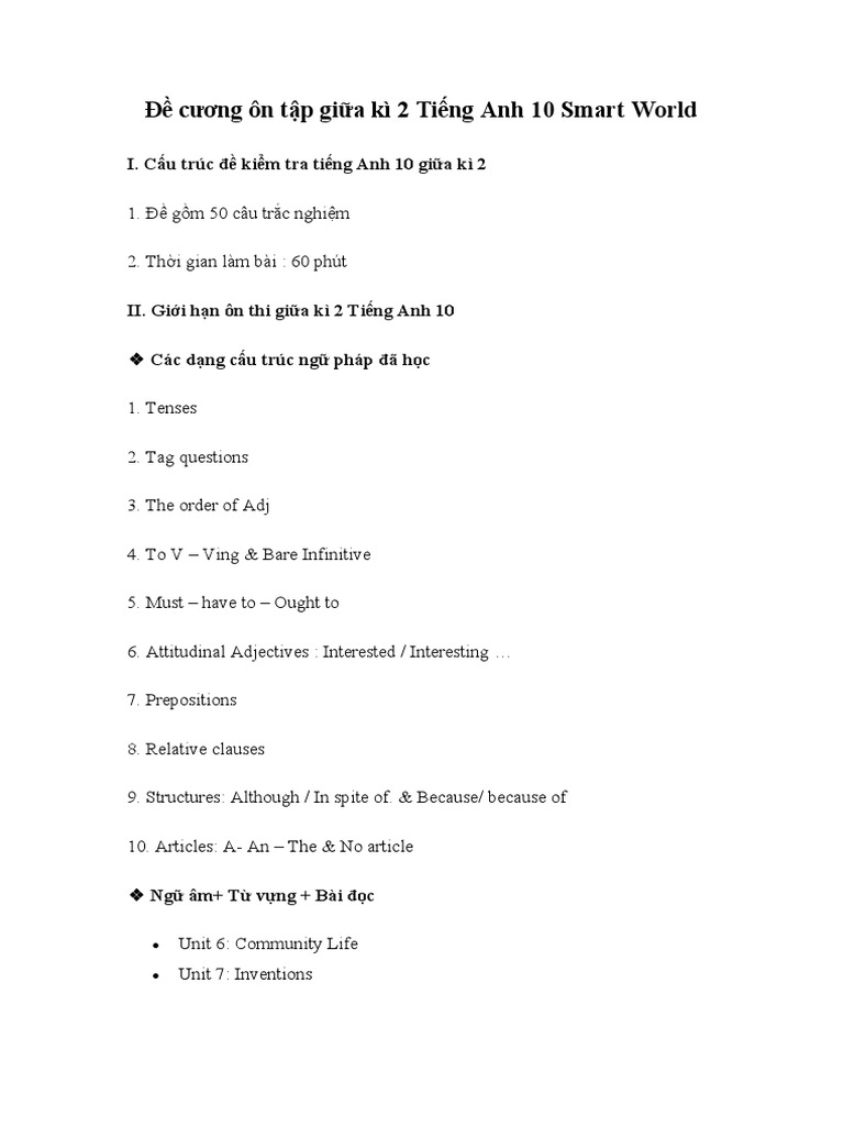 De Cuong On Tap Giua Hoc Ki 2 Mon Tieng Anh 10 I Learn Smart World | PDF | Family | Linguistics