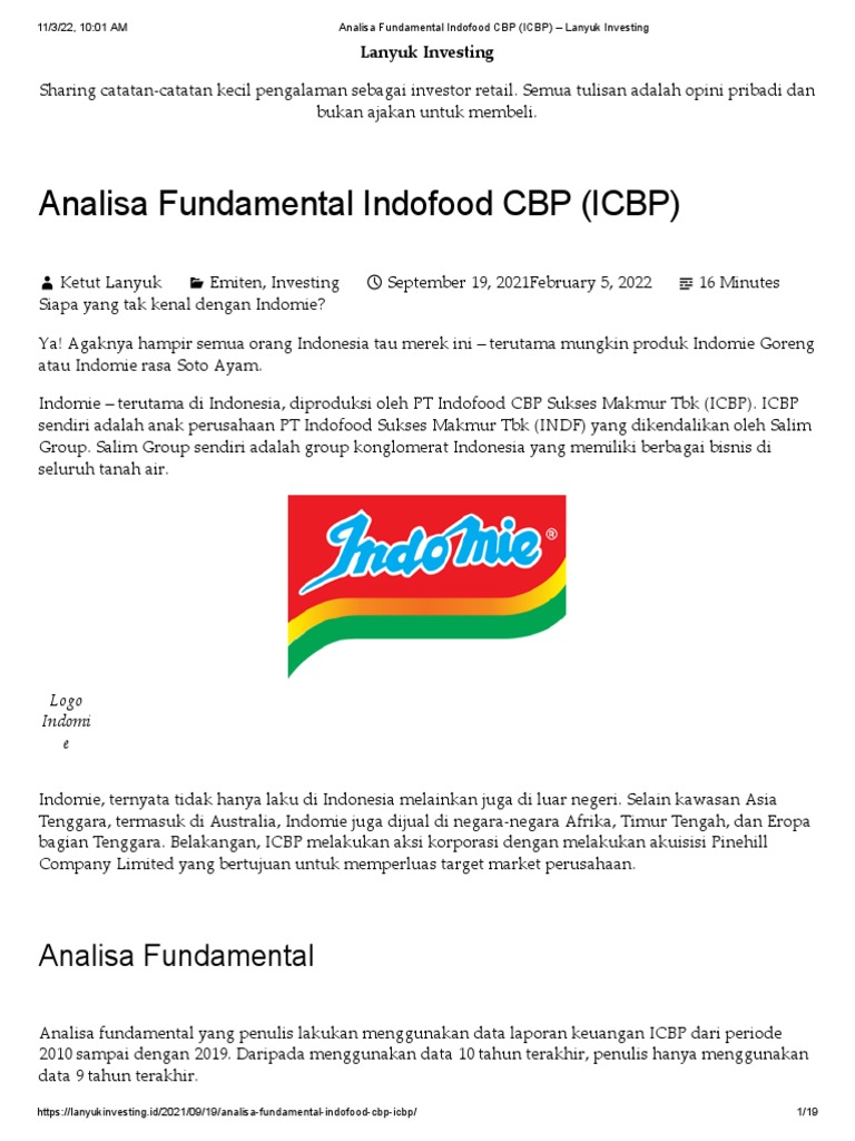 Analisa Fundamental Indofood CBP (ICBP) - Lanyuk Investing | PDF