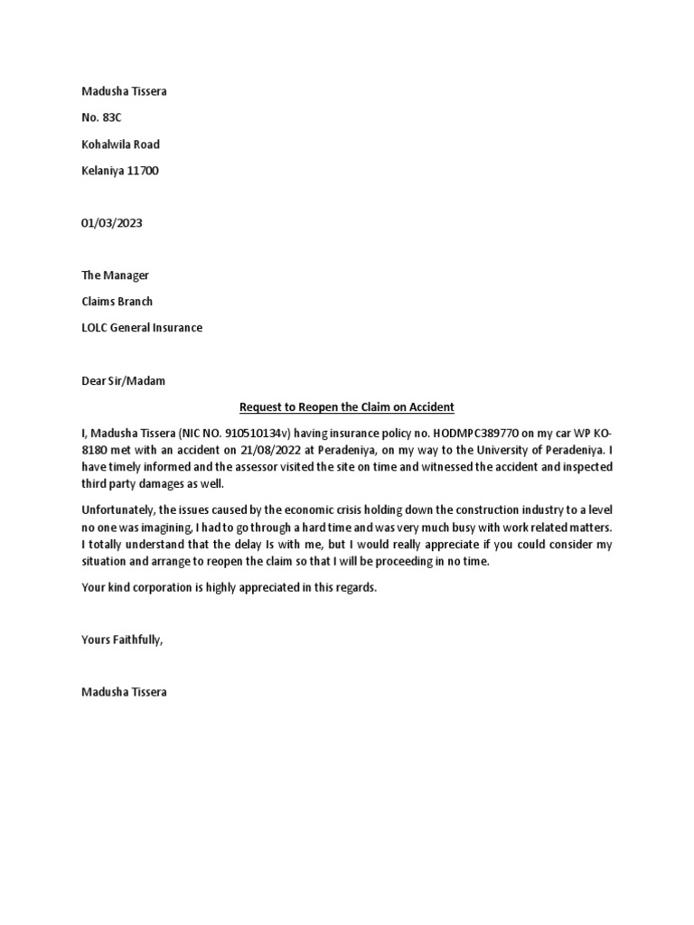Request to Reopen Insurance Claim | PDF