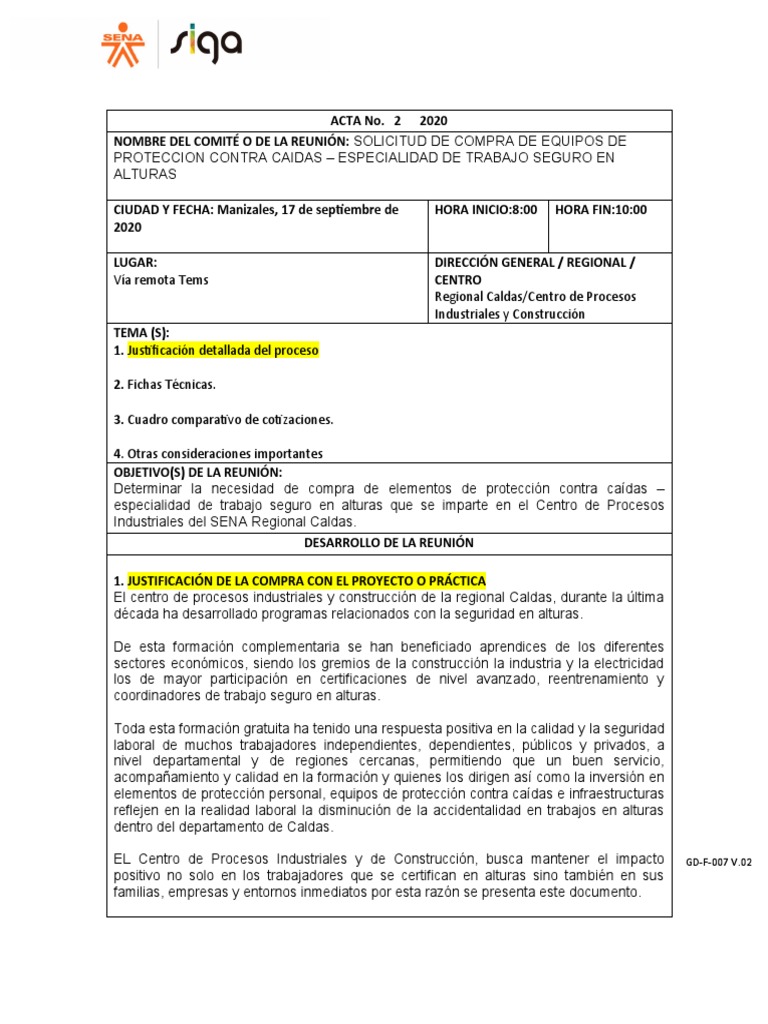 GD-F-007 - Formato - Acta - y - Registro - de - Asistencia EQUIPOS DE PROTECCIÓN | PDF