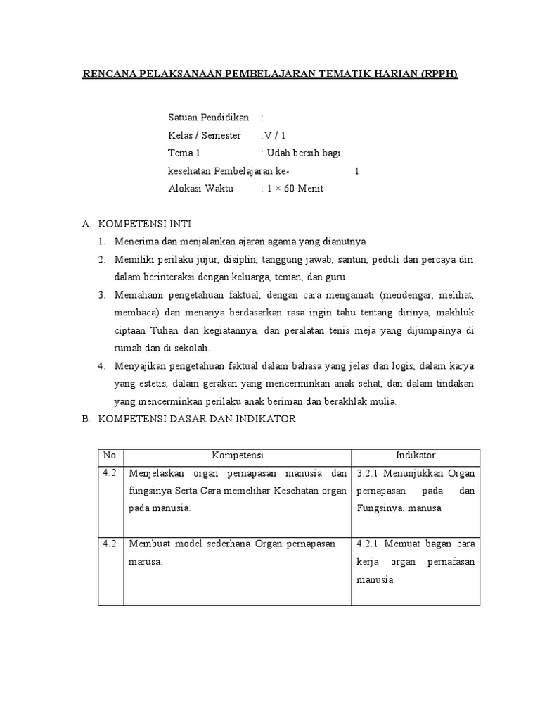 Rencana Pelaksanaan Pembelajaran Tematik Harian (RPPH) | PDF
