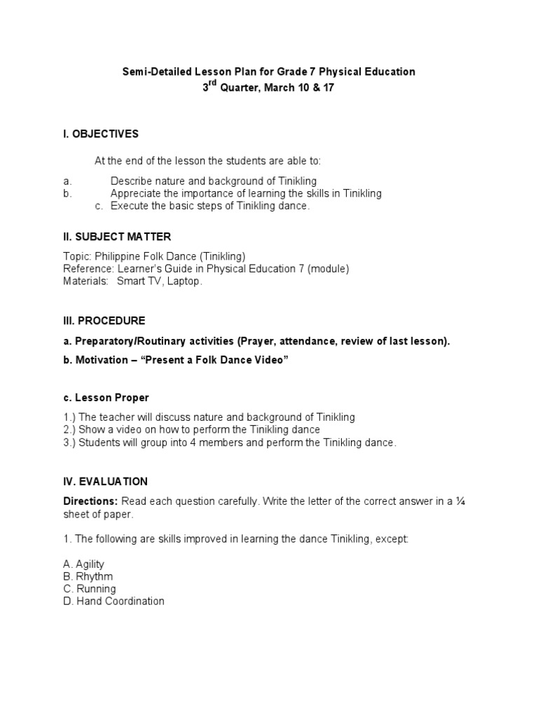 Tinikling Dance Lesson Plan for Grade 7 | PDF