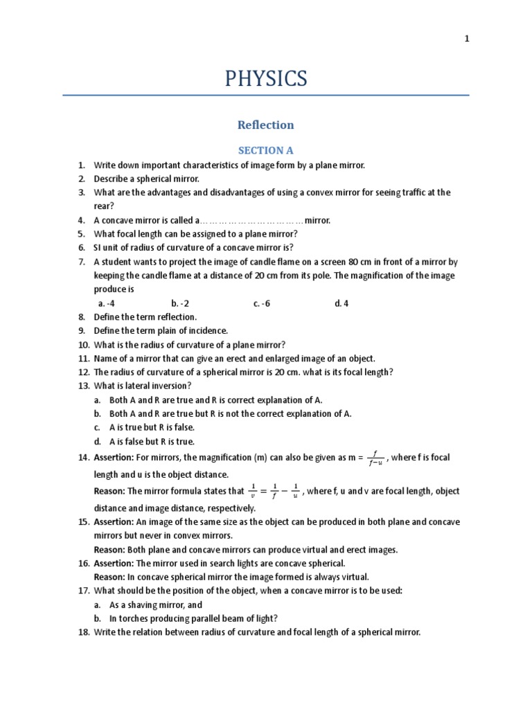 Reflection of Light Set 1 | PDF | Electromagnetic Radiation | Optics