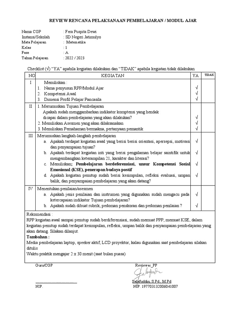 Review RPP - Modul Ajar CGP Berdiferensiasi, KSE Fera | PDF | Pengembangan Diri | Sains & Matematika