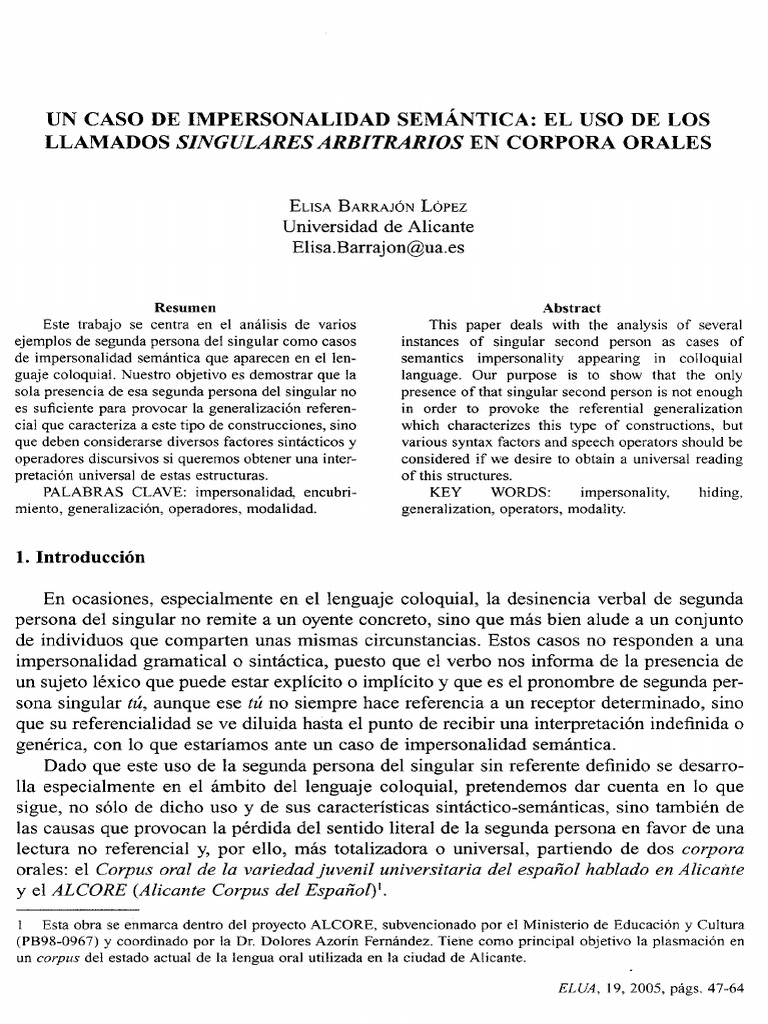 Impersonalidad Semántica en Segunda Persona | PDF | Asunto (gramática ...
