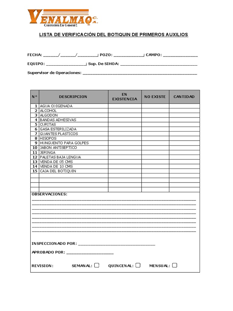 (Formato) - Inspeccion de Botiquin de Primeros Auxilios | PDF (Formato) - Inspeccion de Botiquin de Primeros Auxilios | PDF
