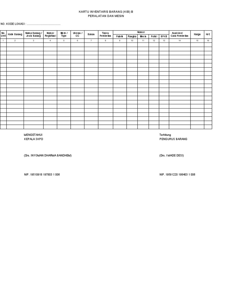 Kartu Inventaris Barang (Kib) B Peralatan Dan Mesin: NO. KODE LOKASI | PDF