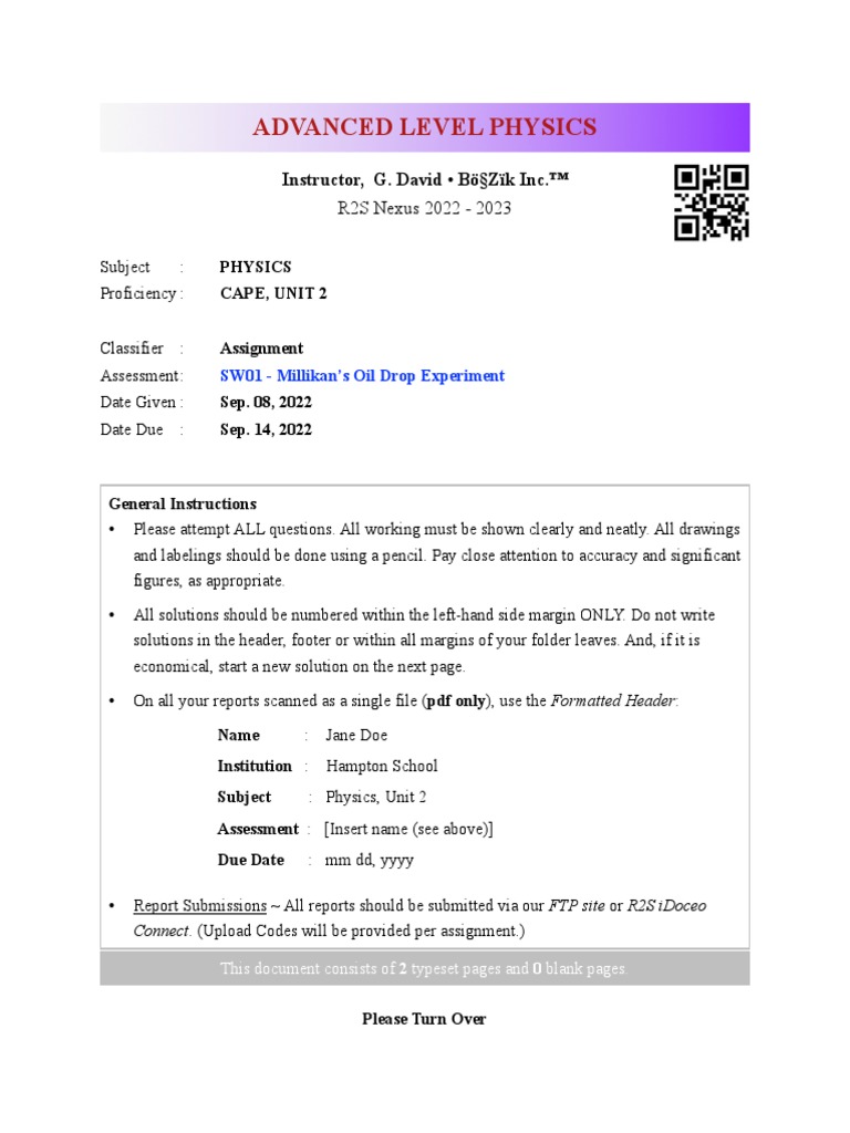 U6 Physics sw01 Millikan S Oil Drop Experiment | PDF | Science