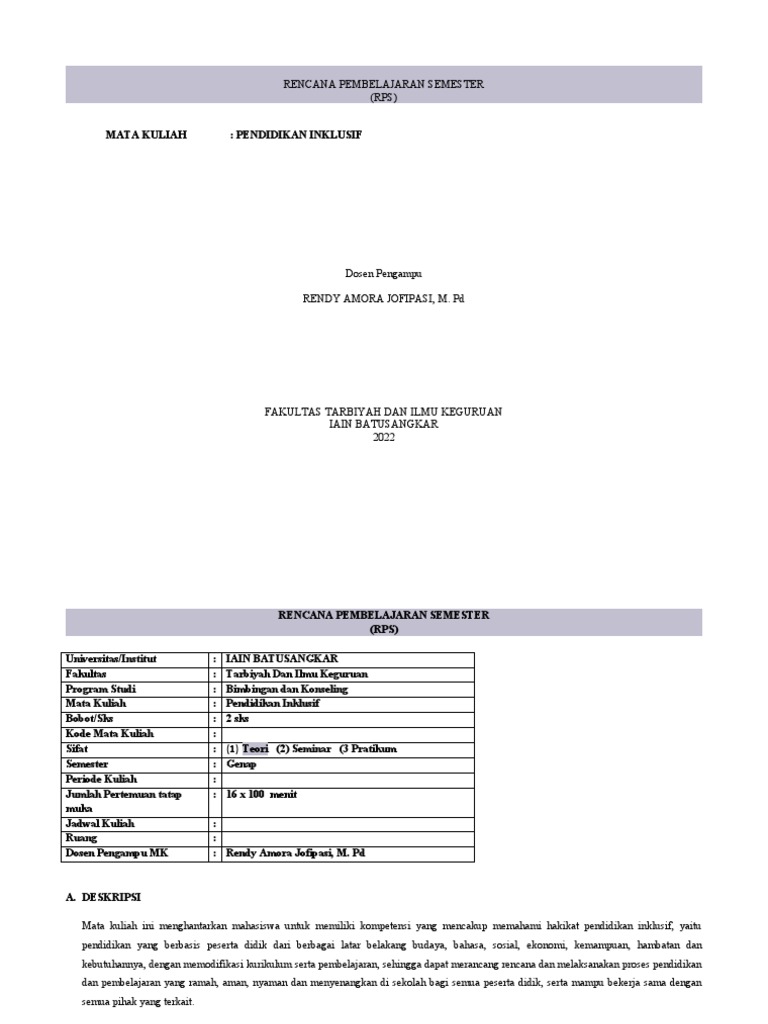 Mata Kuliah: Pendidikan Inklusif: Rencana Pembelajaran Semester (RPS) | PDF | Karier ...