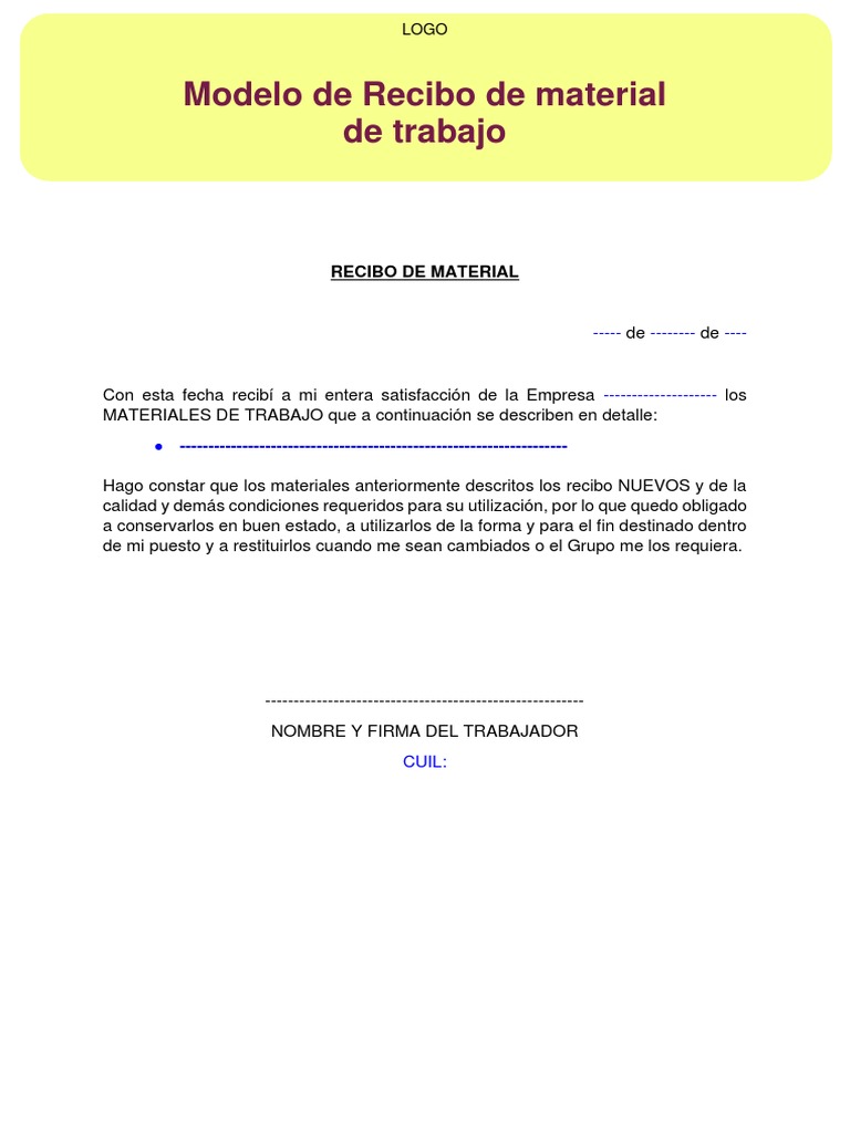 Modelo de Recibo de Material de Trabajo | PDF