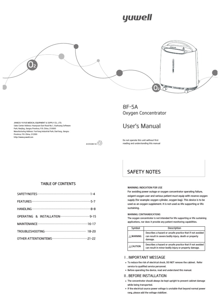 Yuwell 8 F5 AOxygen Concentrator User Manual | PDF | Oxygen | Flow ...