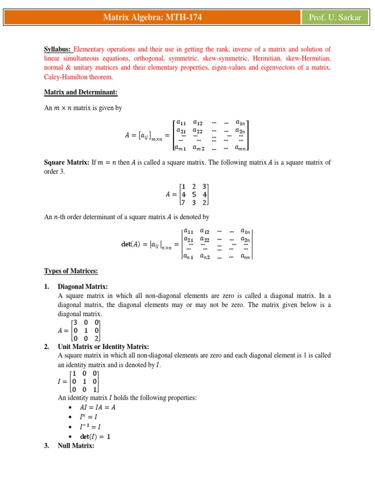 Matrix Algebra: MTH-174: Syllabus | PDF | Eigenvalues And Eigenvectors ...