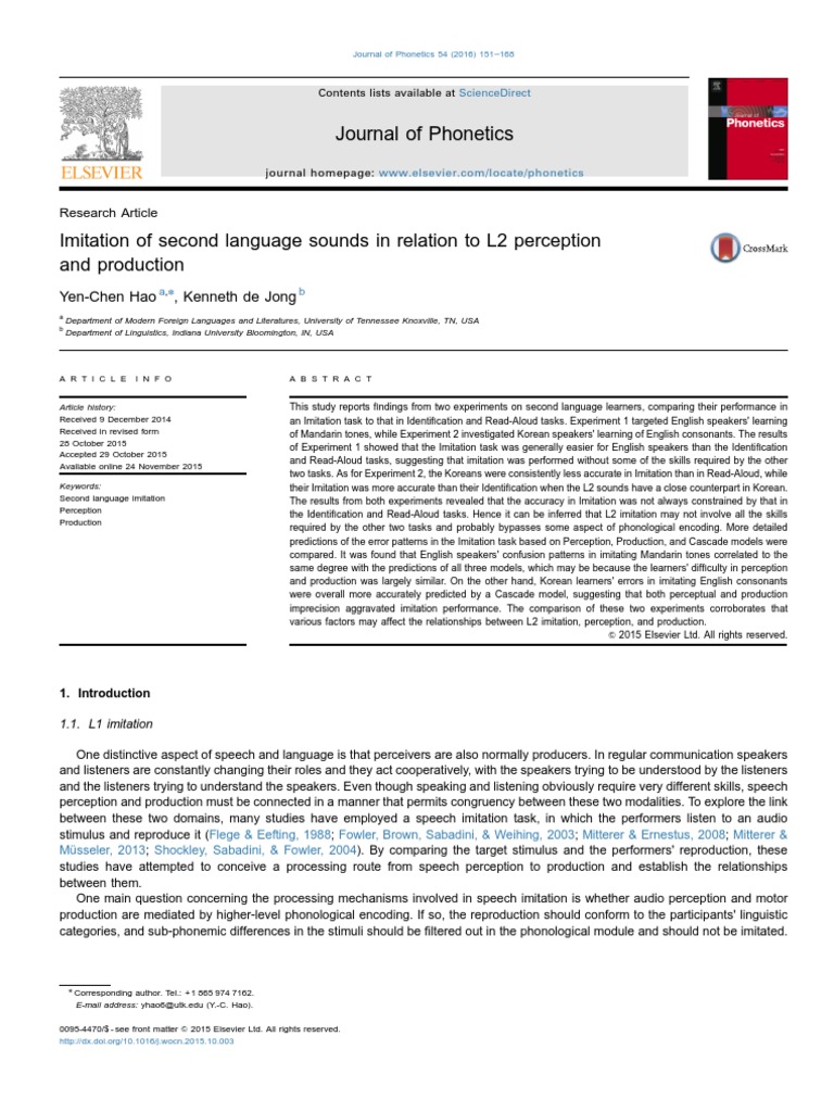 Imitation of Second Language Sounds in Relation To L2 Perception and ...