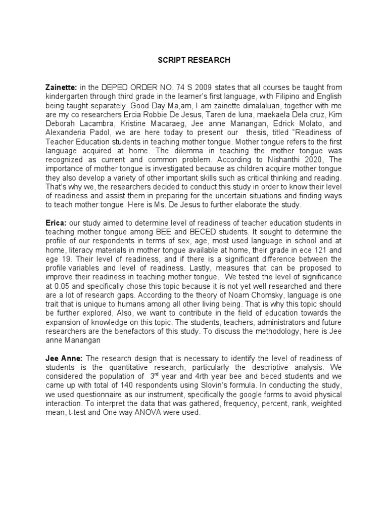 Script Research | PDF | Teachers | Literacy