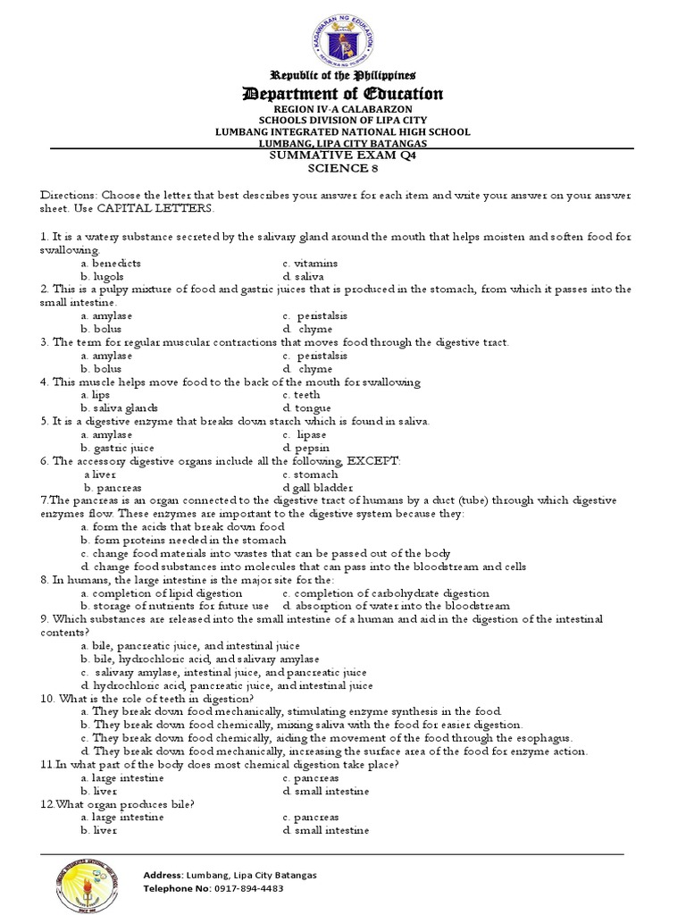 Science 8 Summative Exam Q4 | PDF | Human Digestive System | Digestion