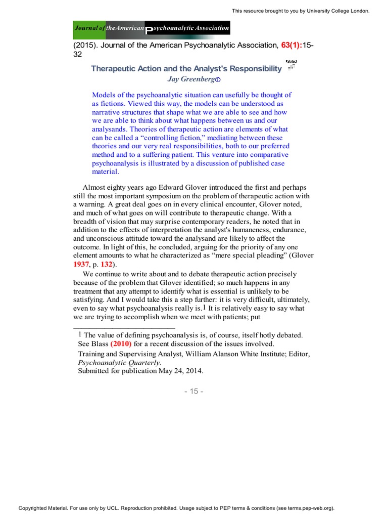 Therapeutic Action and The Analyst's Responsibility - Greenberg Paper ...
