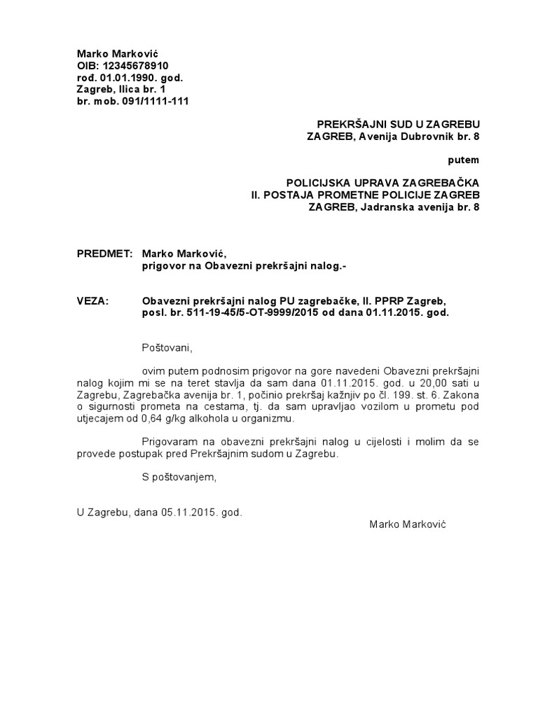 Prekršajni Nalog - Prigovor 2 - Bez Izjašnjavanja o Krivnji | PDF